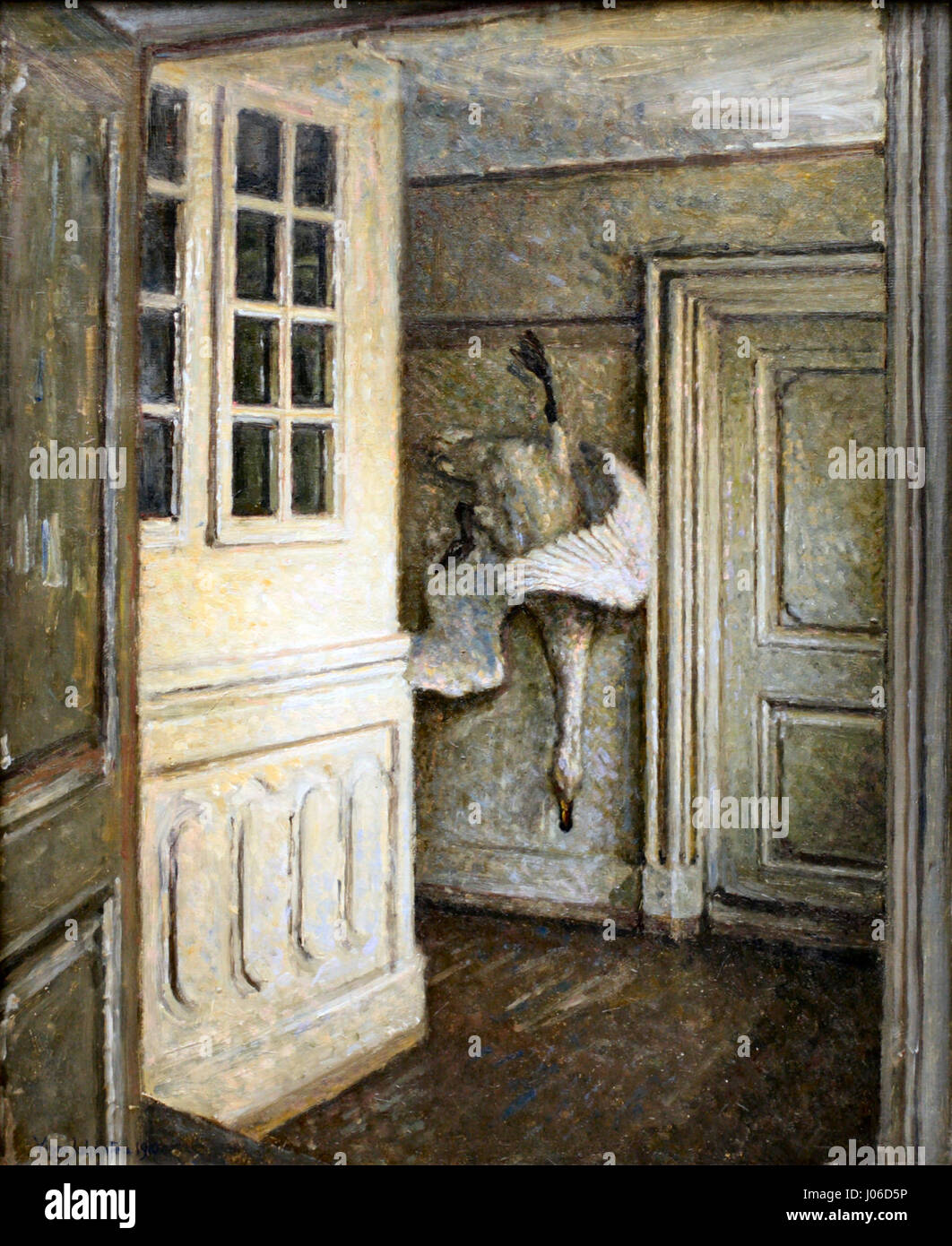 This artwork, titled 'Interior with Dead Swan,' features a depiction of ...