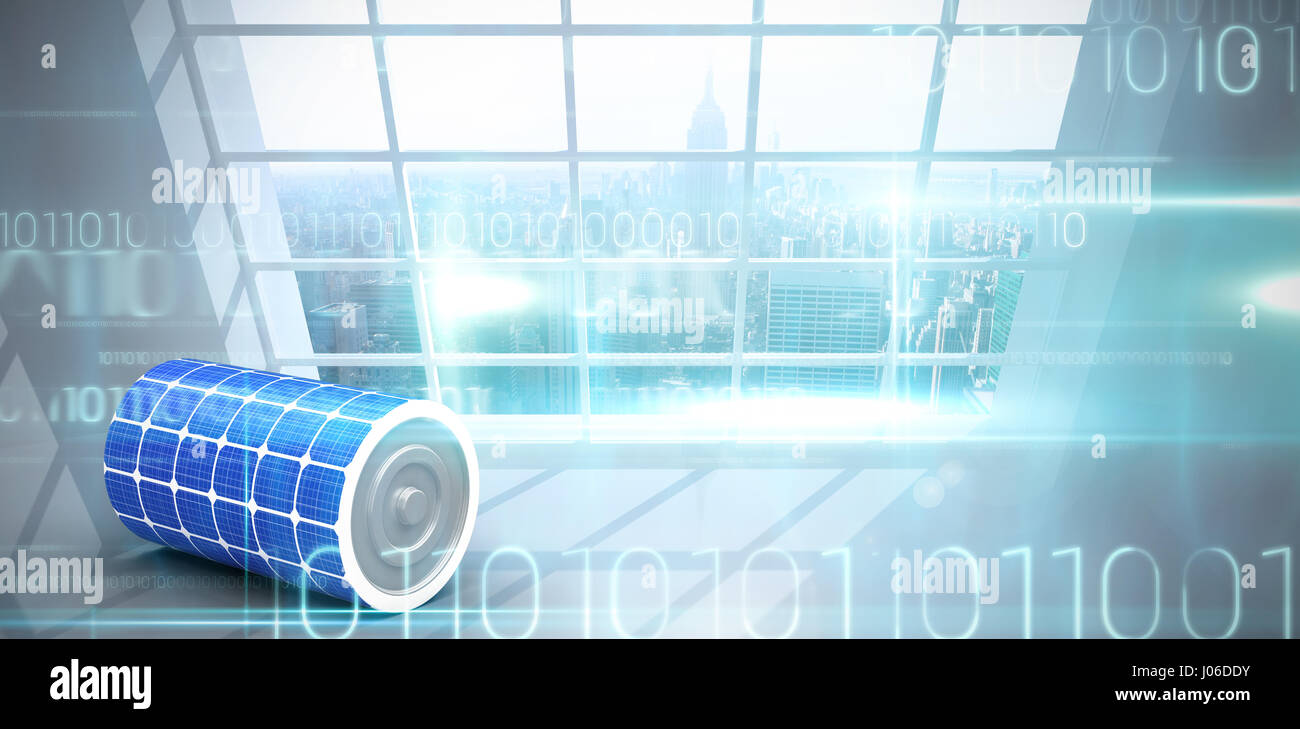 3d illustration of solar power battery against room with large window ...