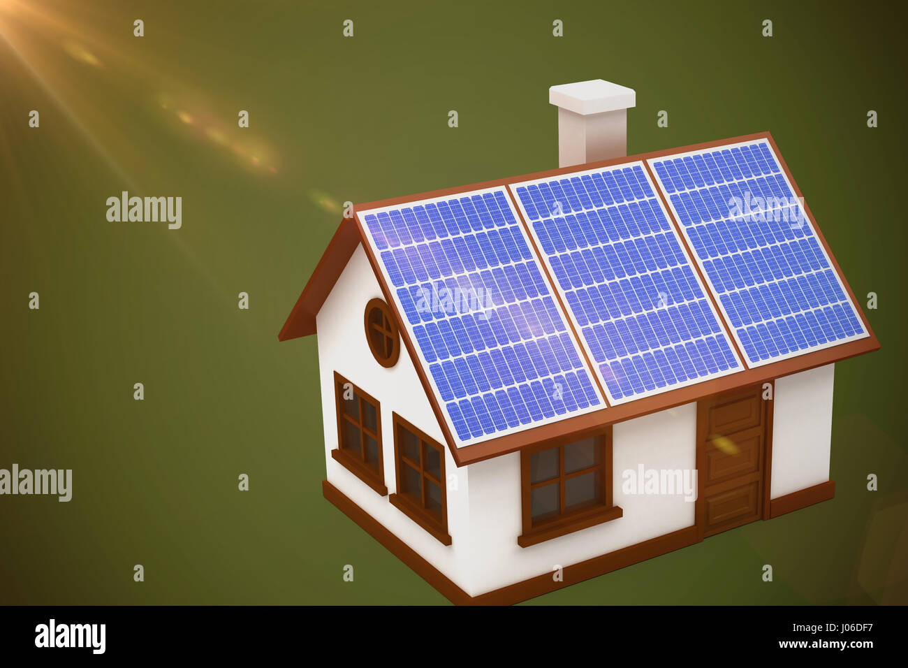 Digitally generated image of 3d house with solar panels against green ...