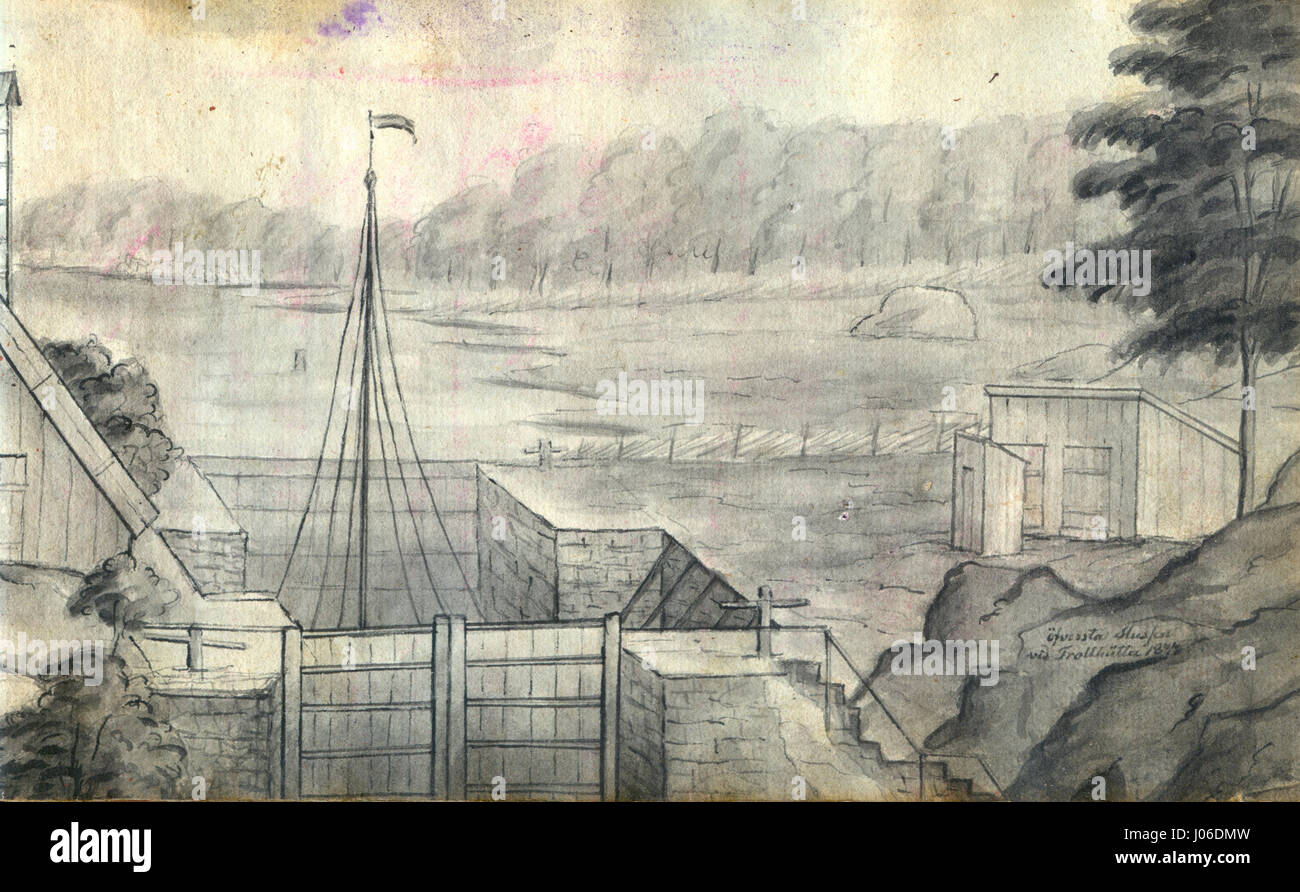 A 19th-century Swedish painting depicting the Öfversta Slussen at ...