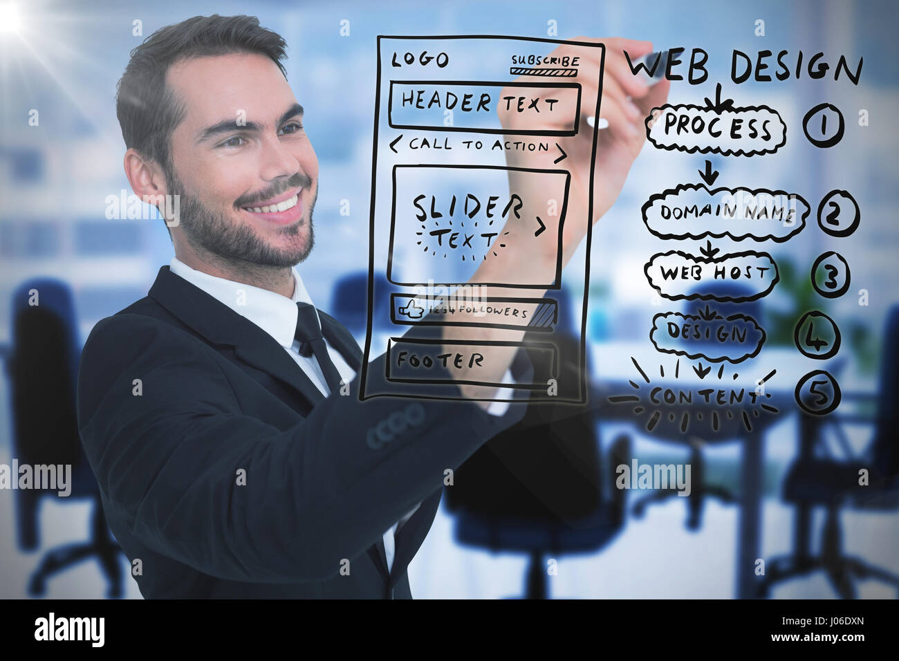 Smiling businessman writing with black marker against computer graphic ...