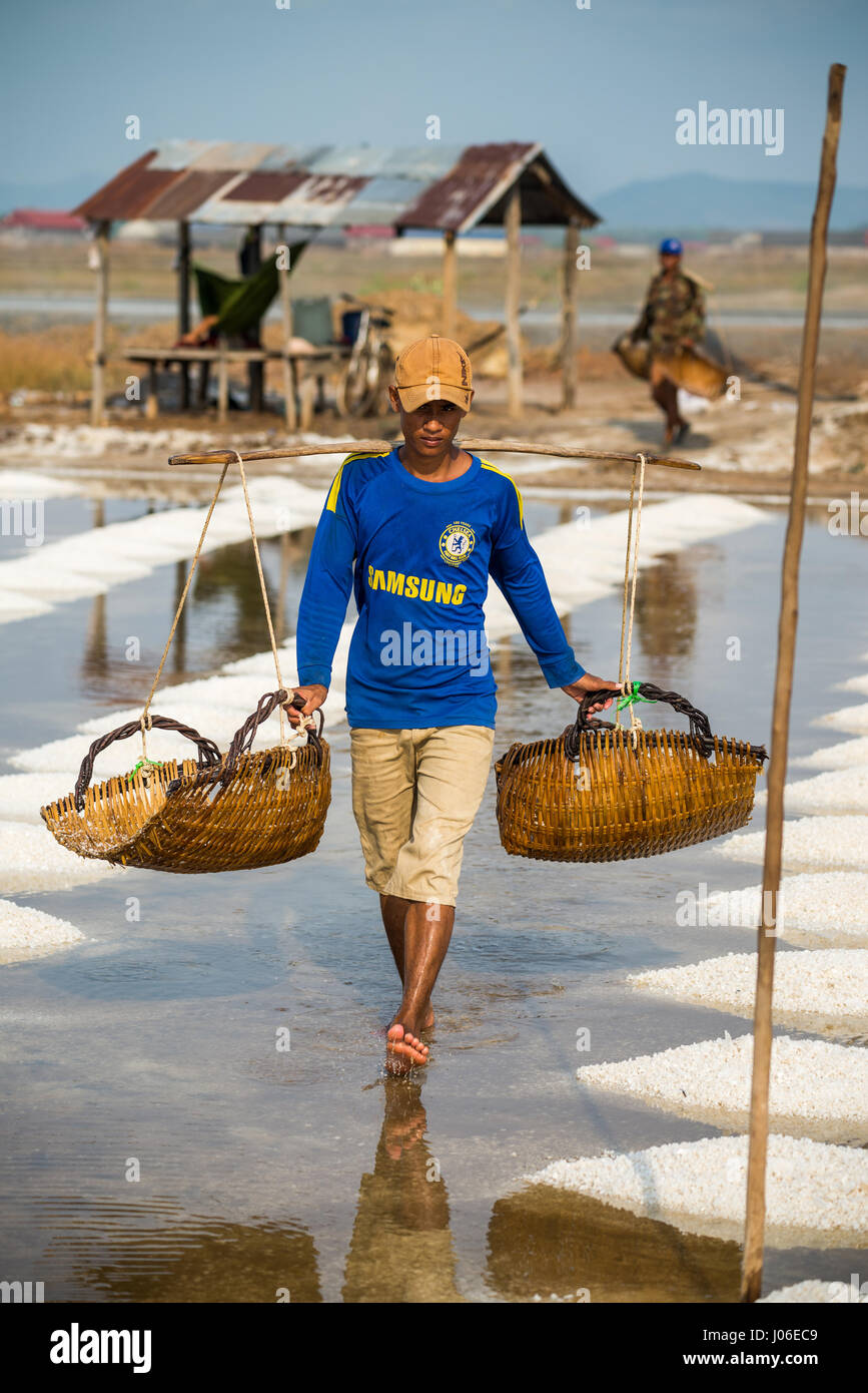 Local people working in the salt fields of Kampot, Cambodia, Asia Stock ...