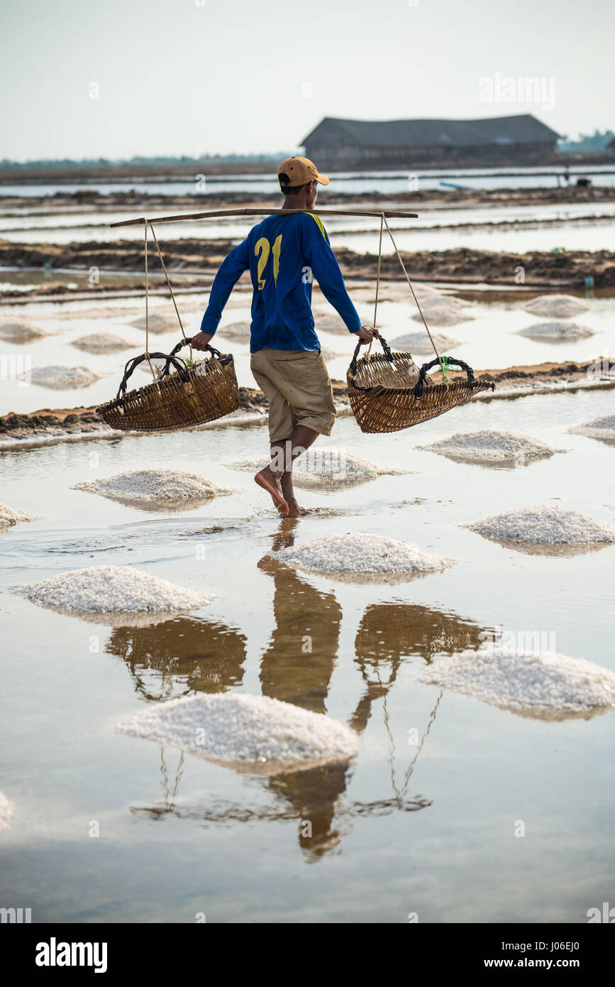 Local people working in the salt fields of Kampot, Cambodia, Asia Stock ...