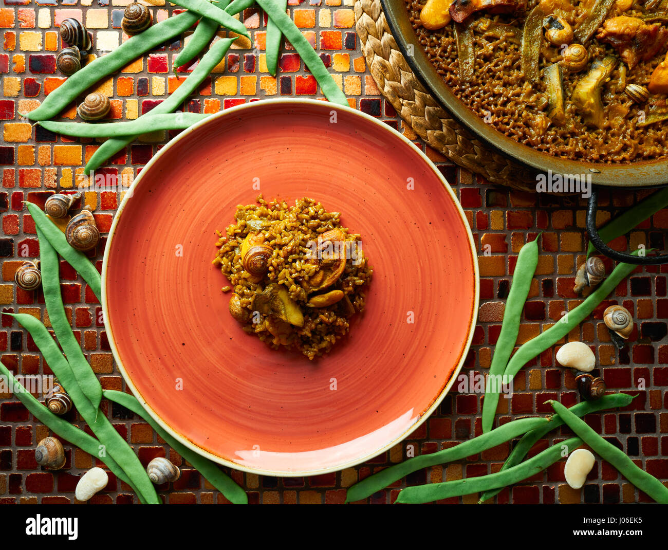 Valencian Paella with chicken rabbit artichokes beans and snails Stock ...