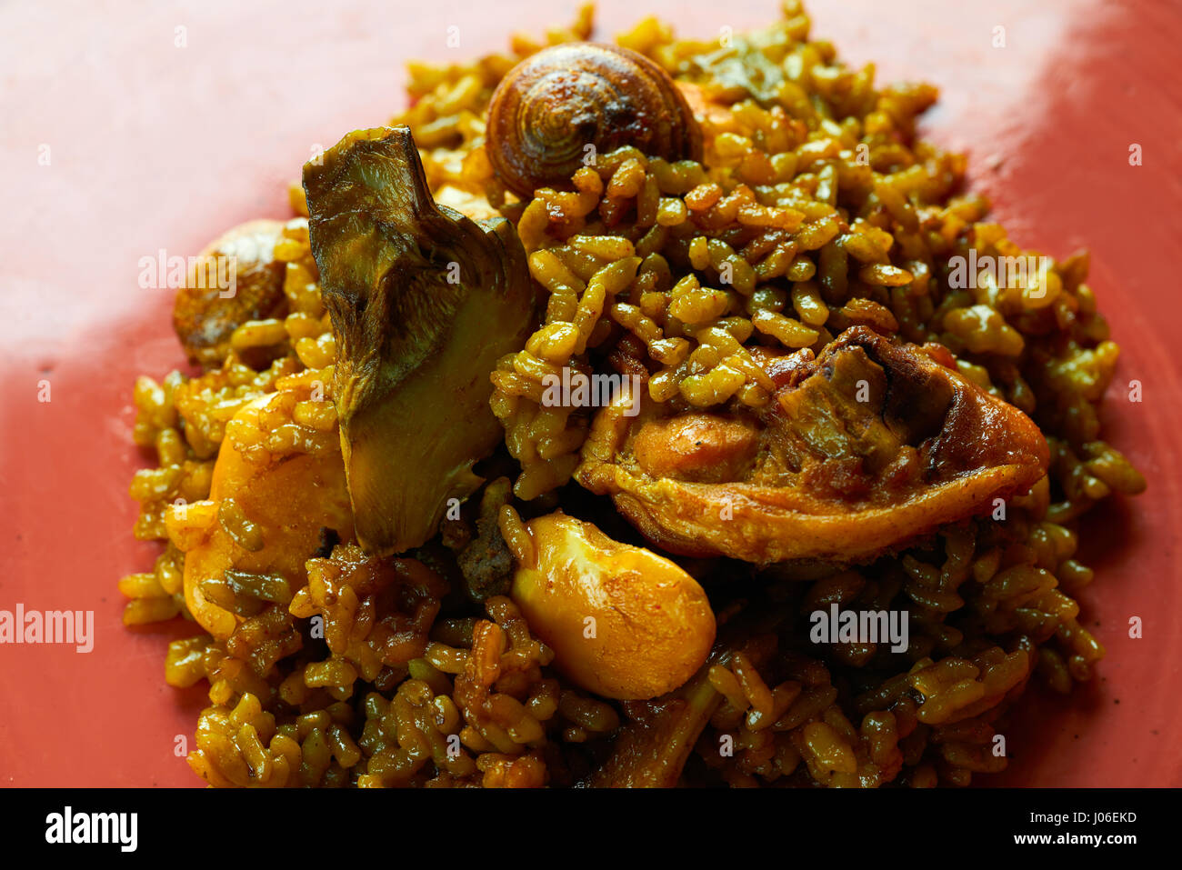 Valencian Paella with chicken rabbit artichokes beans and snails Stock ...