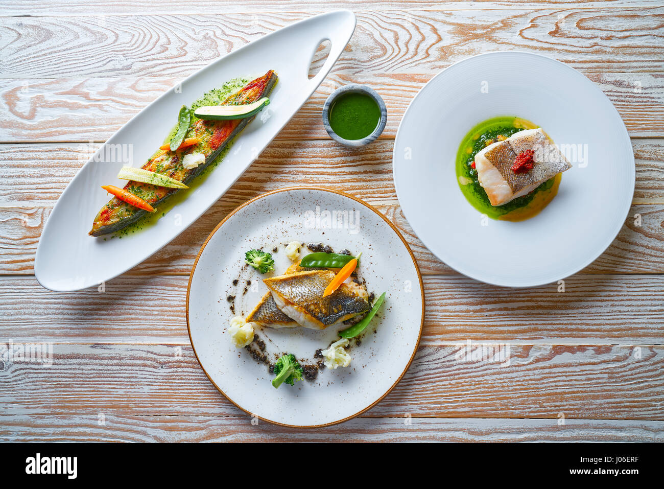 Fish food recipes grilled Turbot Seabass Sea Bass and baked Hake Stock ...