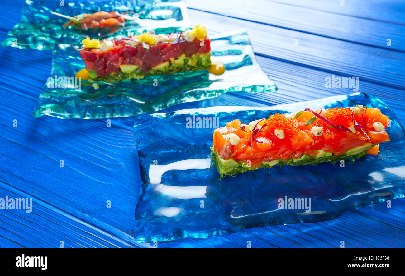 Salmon and Tuna Tartare with Anchovies tomato starter Tartar tapas ...