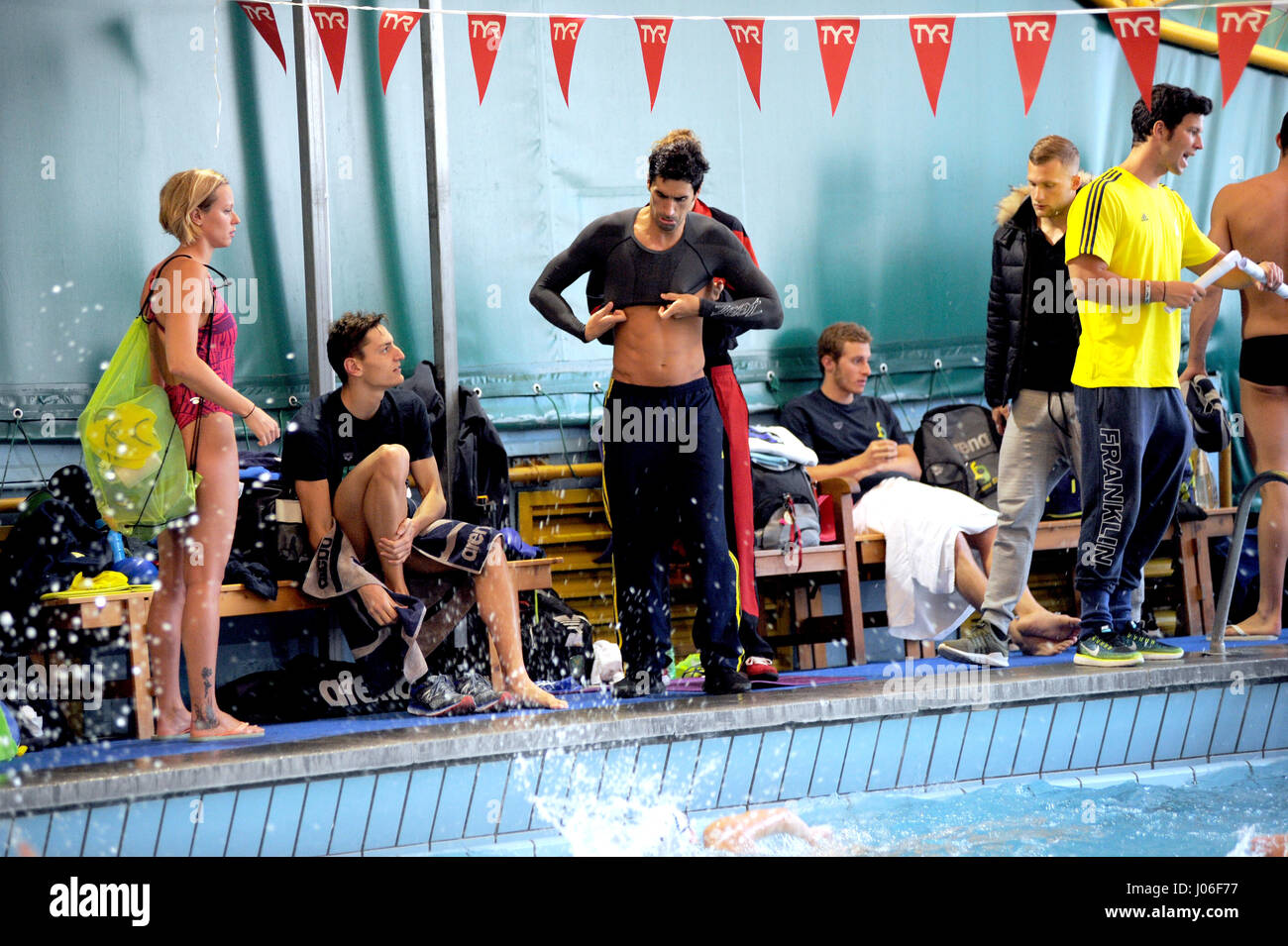 Italian swimmer Filippo Magnini changing costumes during a training ...