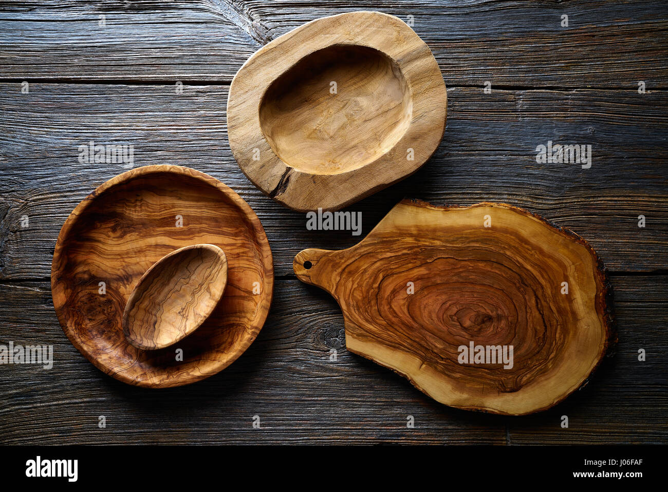 Wooden kitchenware wood board plates and bowl Stock Photo - Alamy