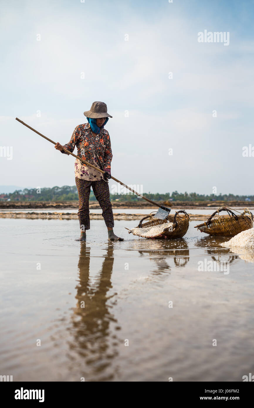 Local people working in the salt fields of Kampot, Cambodia, Asia Stock ...