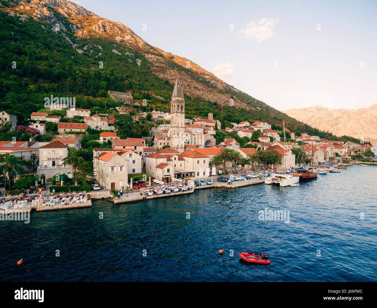 The old town of Perast on the shore of Kotor Bay, Montenegro. The ...