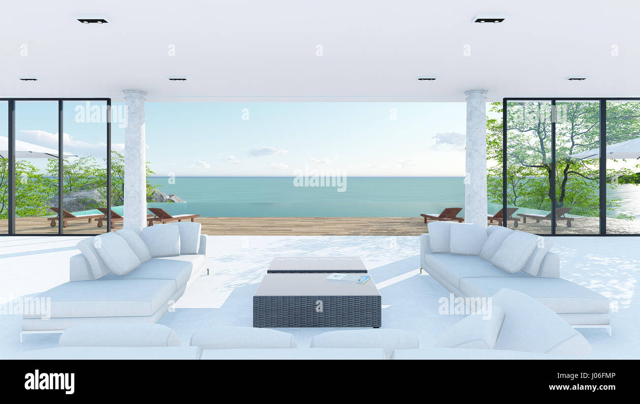 living room pool sea view in modern interior style Stock Photo - Alamy