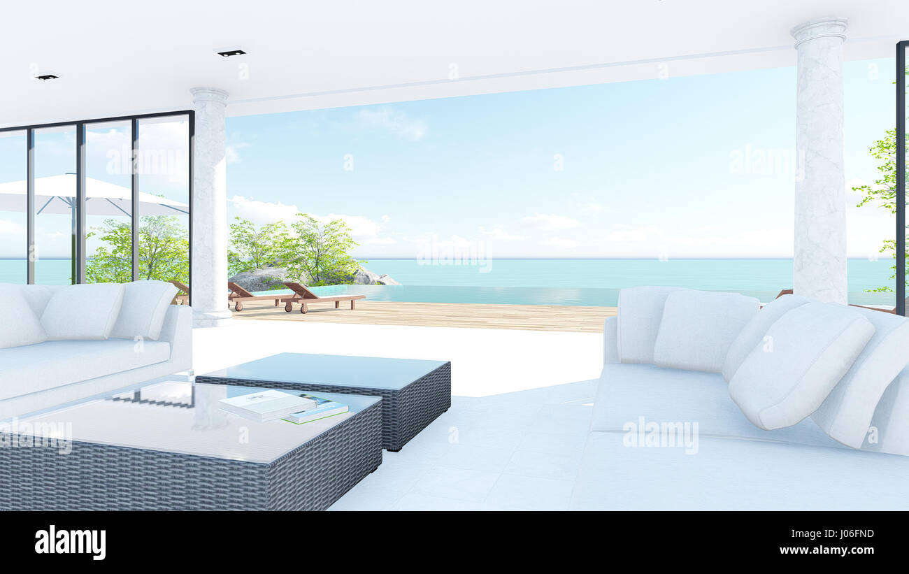 living room pool sea view in modern interior style Stock Photo - Alamy