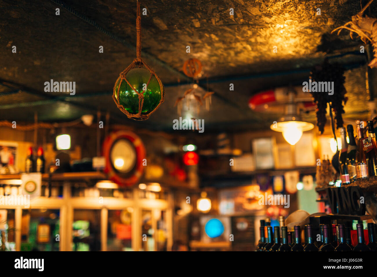 The interior of the fishing restaurant. Fish Cafe. Seafood restaurant ...