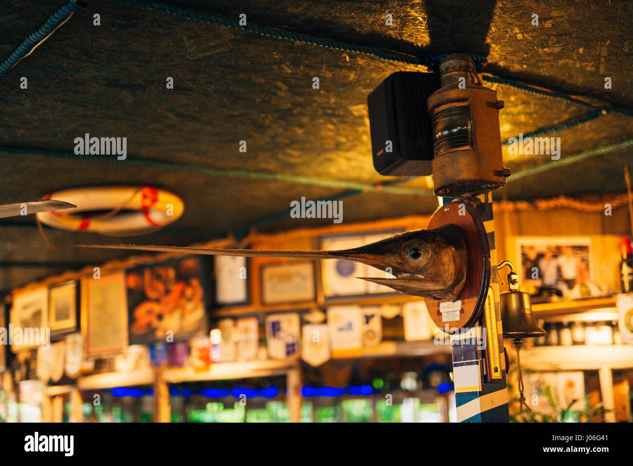 The interior of the fishing restaurant. Fish Cafe. Seafood restaurant ...