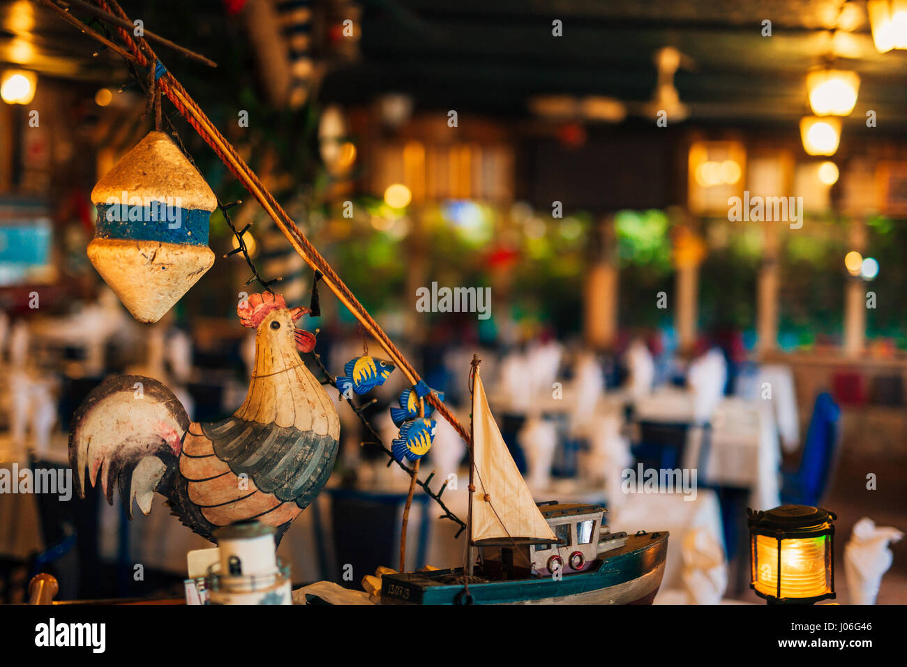 The interior of the fishing restaurant. Fish Cafe. Seafood restaurant ...