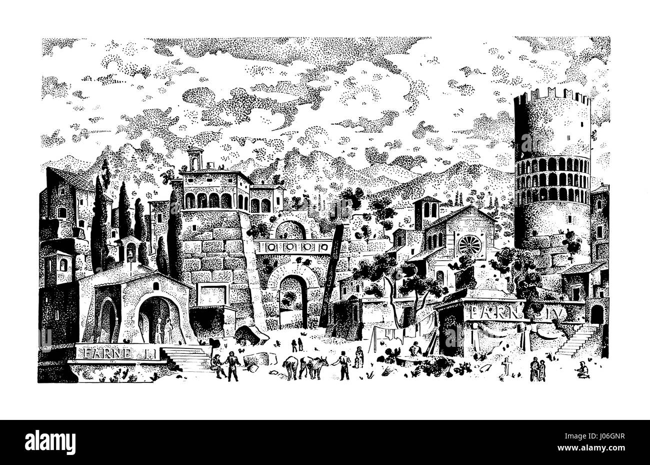 old hand drawn landscape, ancient castle or town engraved in old dot ...