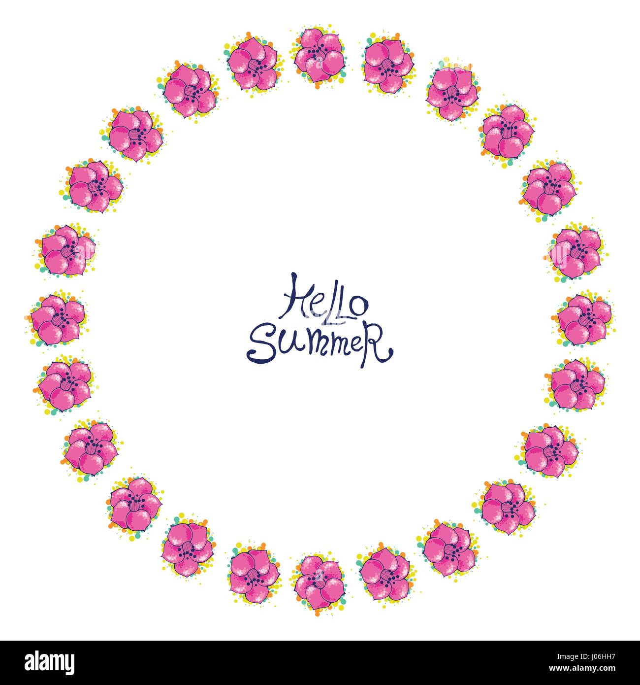 Floral frame with pink flowers. Nature circle hand drawn border on ...