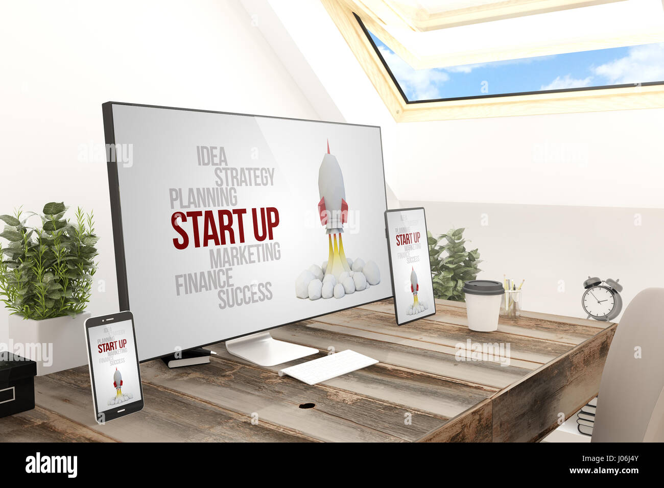 3d rendering of technology devices start up screen devices in attic ...