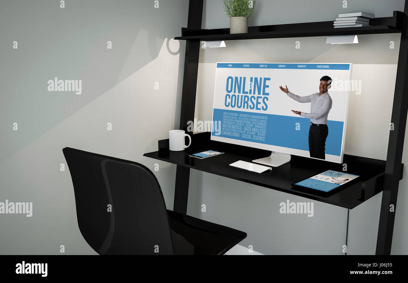 3d rendering of online courses on desktop in a shelves Stock Photo - Alamy