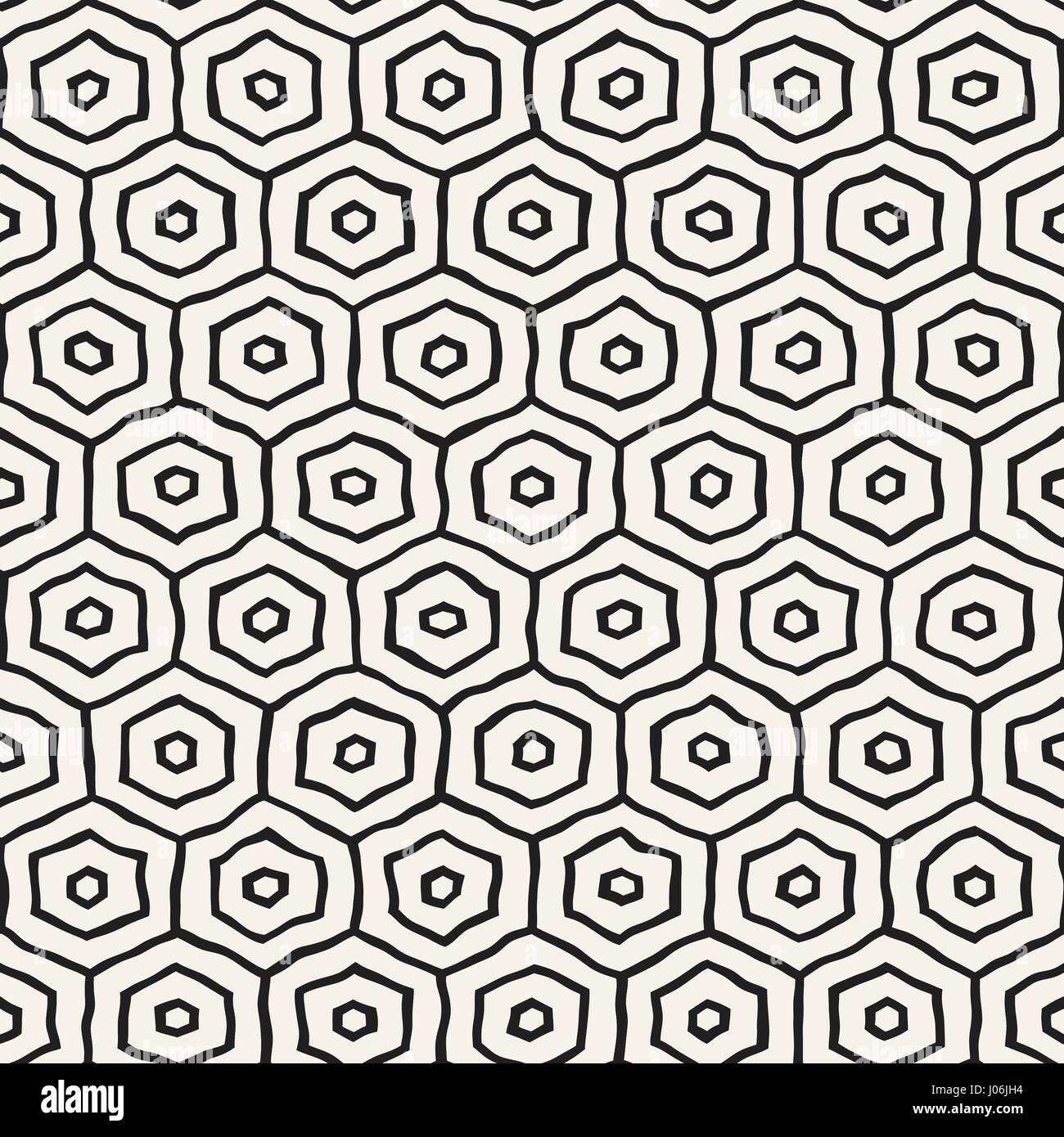 Seamless black and white pattern with hexagon lattice. Creative monochrome hand drawn honeycomb ...