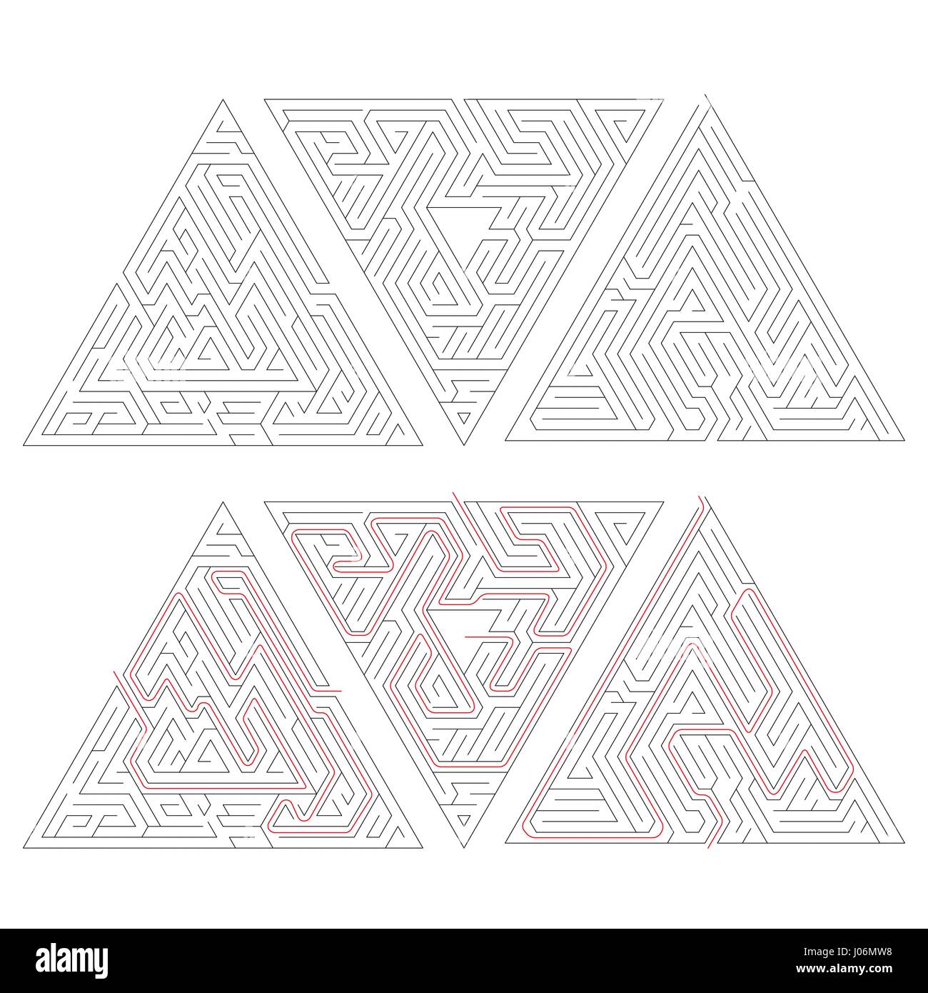 Three different complicated triangle labyrinths with red path of ...