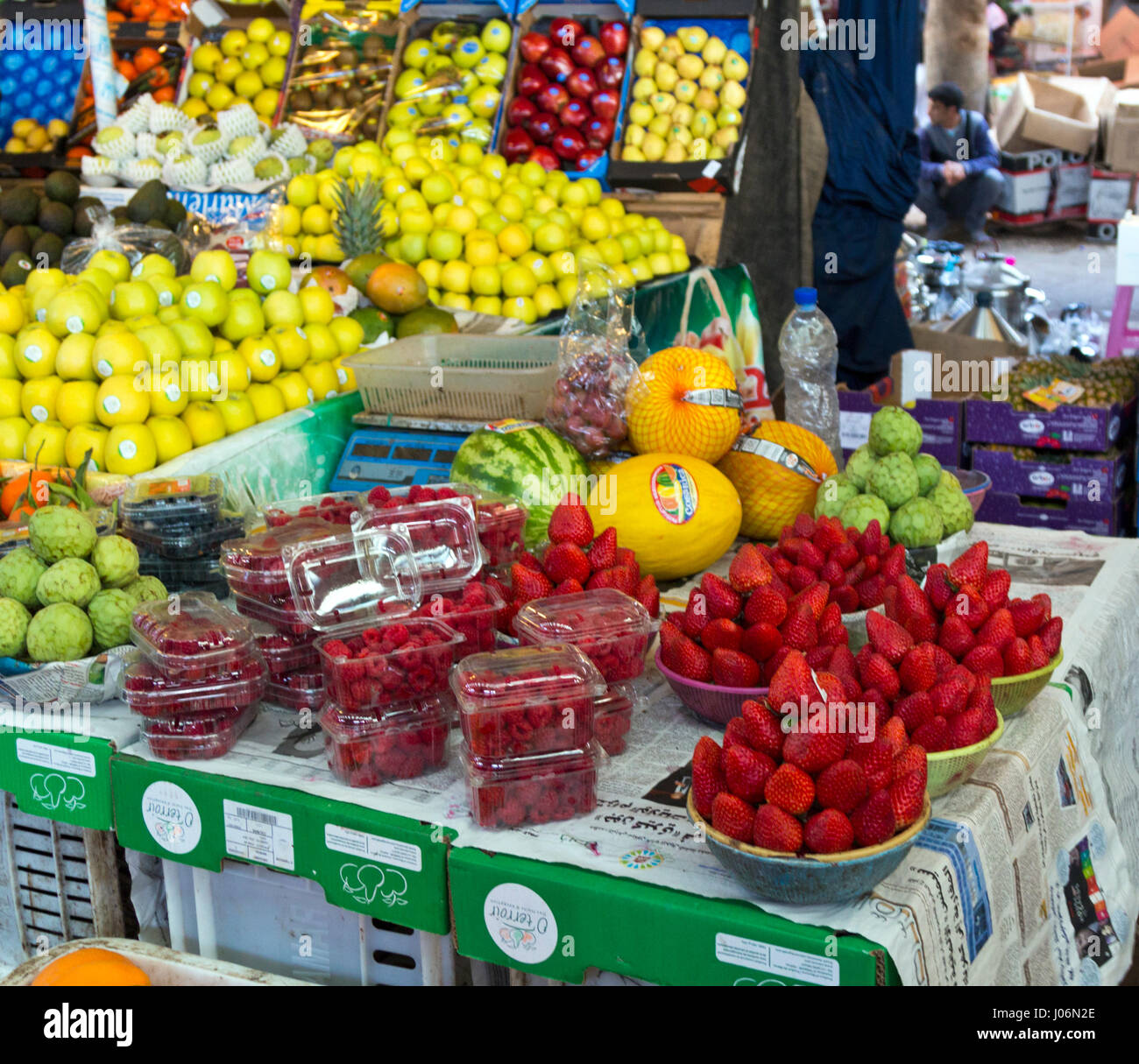 Fruits and Vegetables on display in a market stall in Agadir, Morocco ...