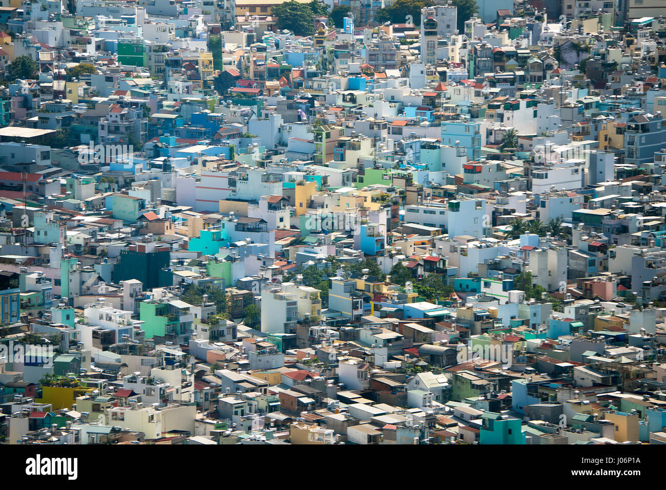 Horizontal aerial close up of colourful buildings in Ho Chi Minh City ...
