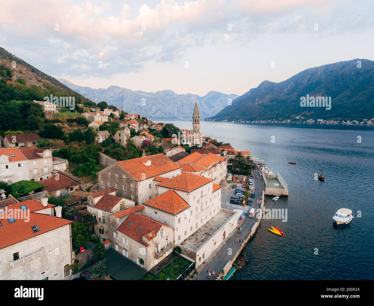 The old town of Perast on the shore of Kotor Bay, Montenegro. The ...