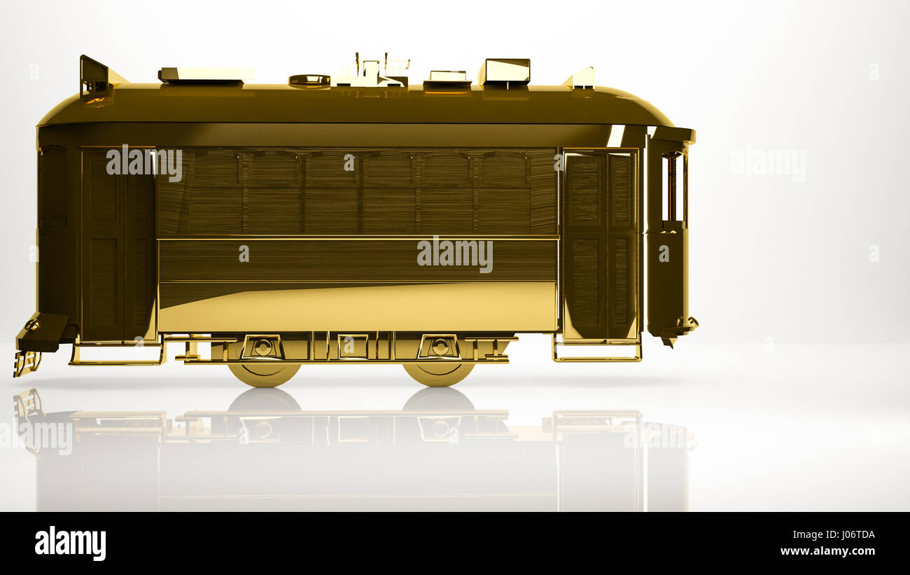 golden 3d rendering of a town tram inside a studio Stock Photo - Alamy