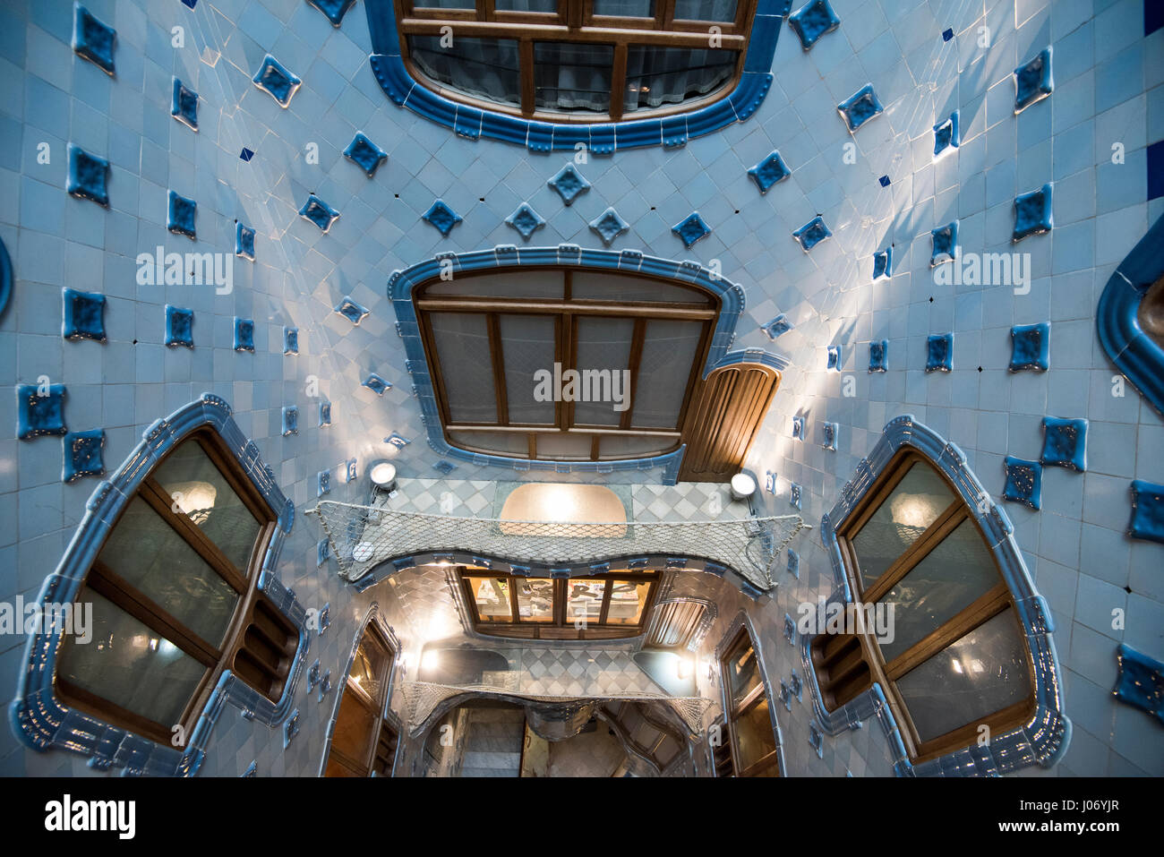 Blue tiled interior courtyard inside Casa Batllo in Barcelona, Spain ...
