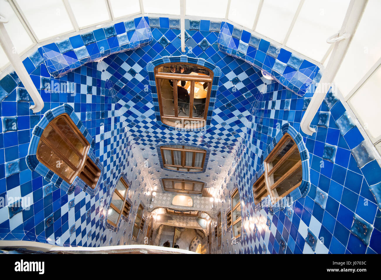 Blue tiled interior courtyard inside Casa Batllo in Barcelona, Spain ...