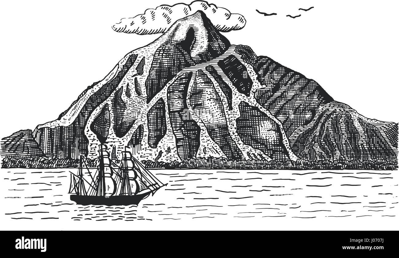 Ocean or sea with ship, sails next to volcano or mountain, hand drawn ...