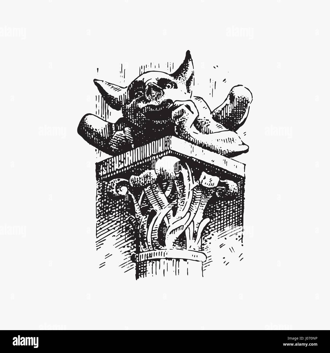 Gargoyle Chimera of Notre-Dame de Paris, engraved, hand drawn vector ...