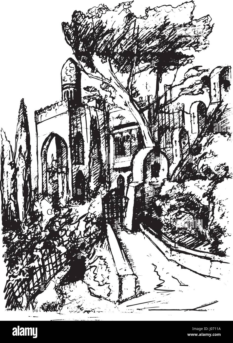 Simeiz, Crimea, Russia old hand drawn landscape, ancient castle or town ...