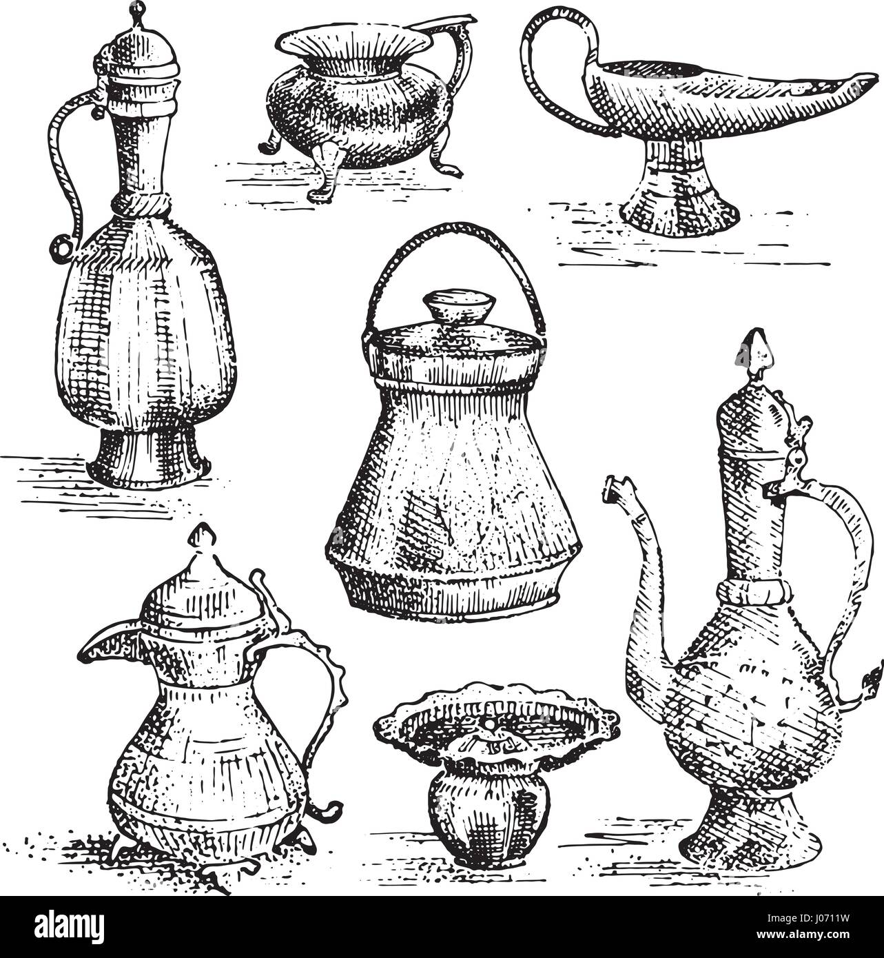 Ancient cooper vases, jug set , greek or arabic looking. hand drawn ...