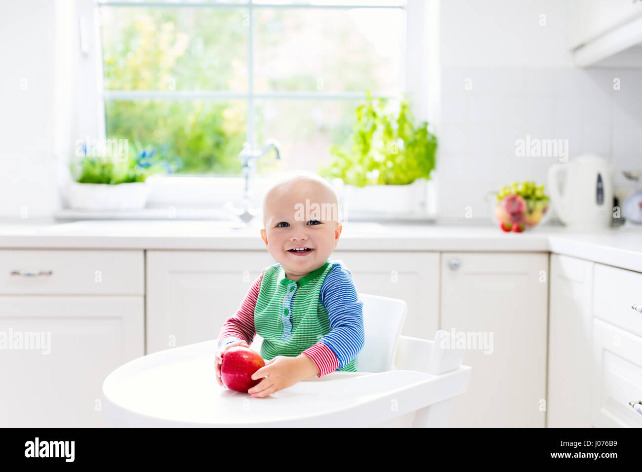 Baby eating fruit. Little boy biting apple sitting in white high chair ...