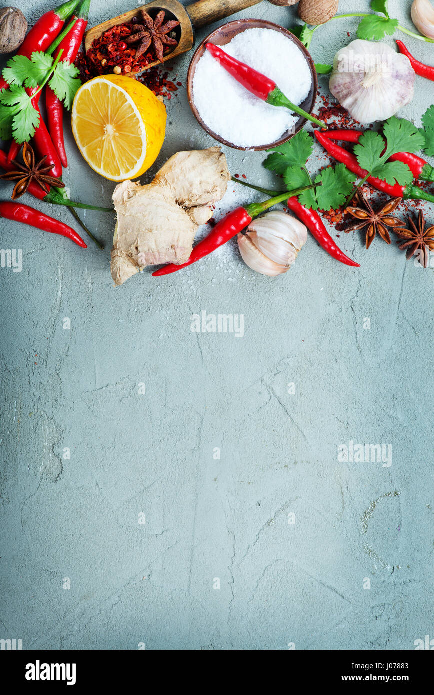 aroma spice on a table, chilli and spice Stock Photo - Alamy