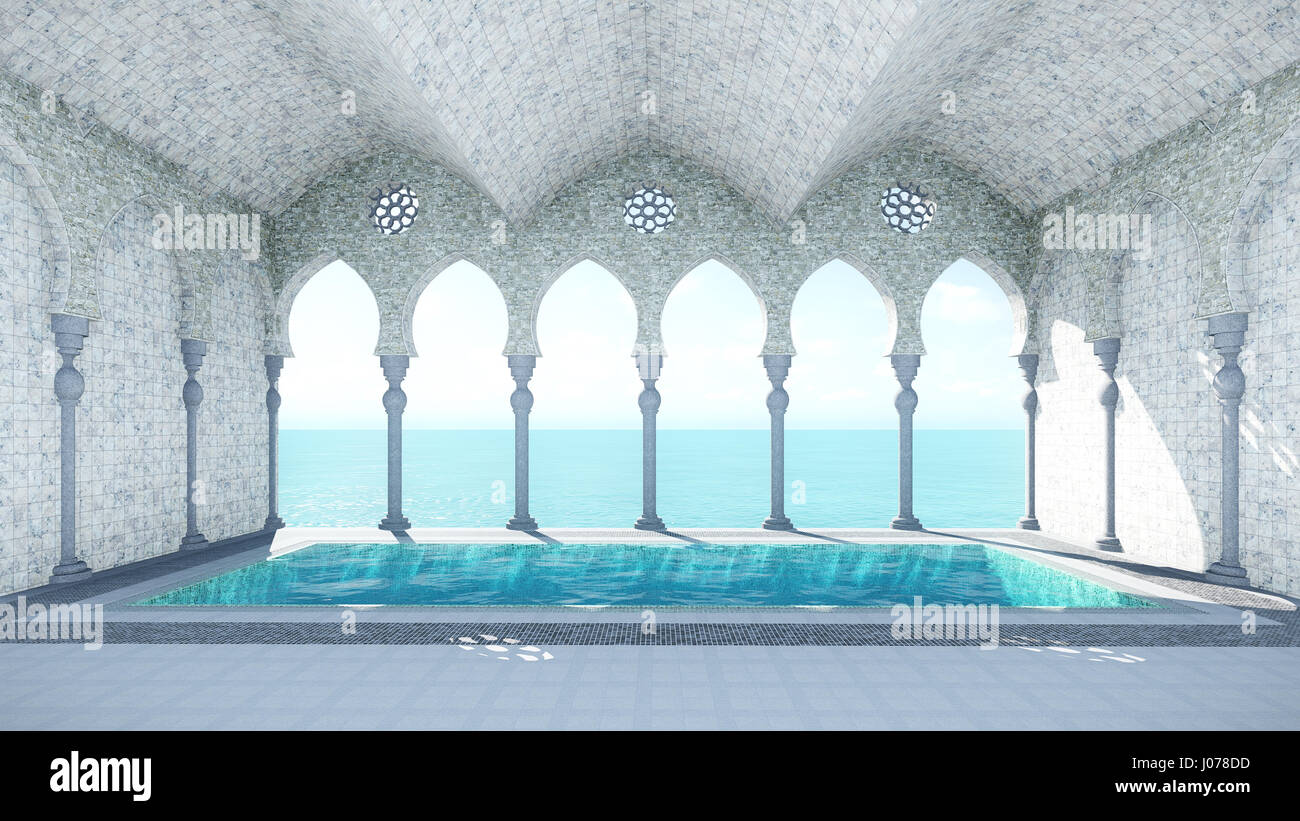 3d render from imagine arabic and islamic style pool sea view Stock ...