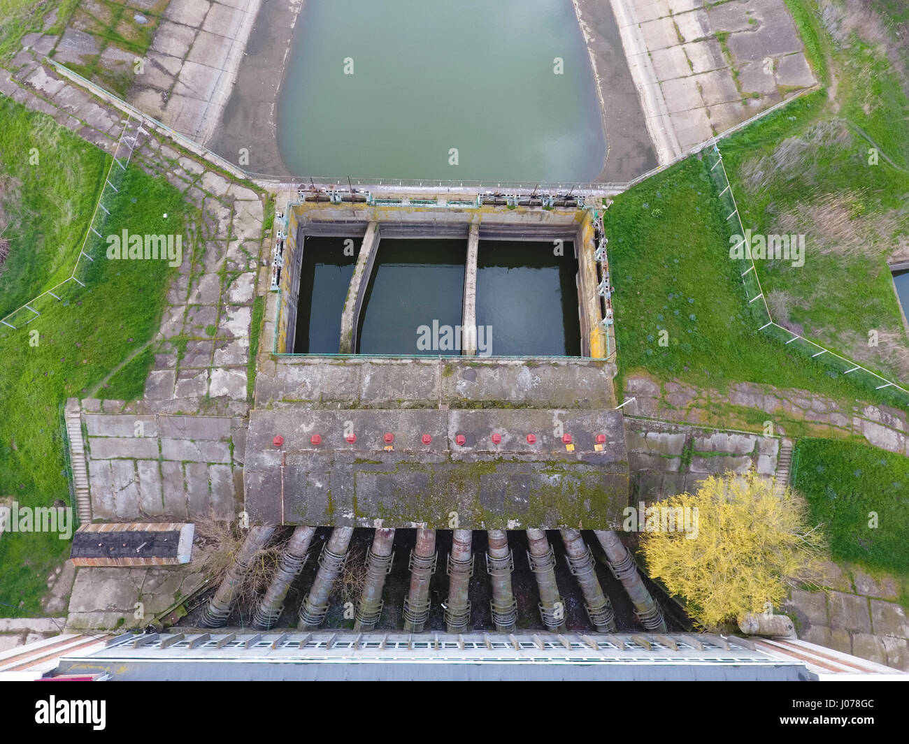 Water pumping station of irrigation system of rice fields. View from ...