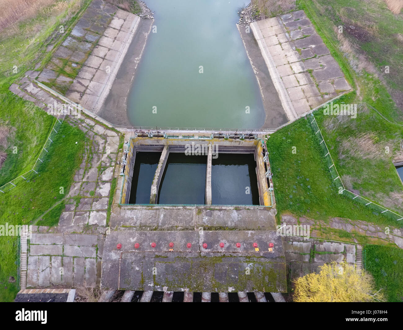 Water pumping station of irrigation system of rice fields. View from ...