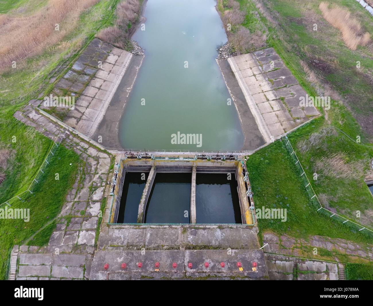 Water pumping station of irrigation system of rice fields. View from ...