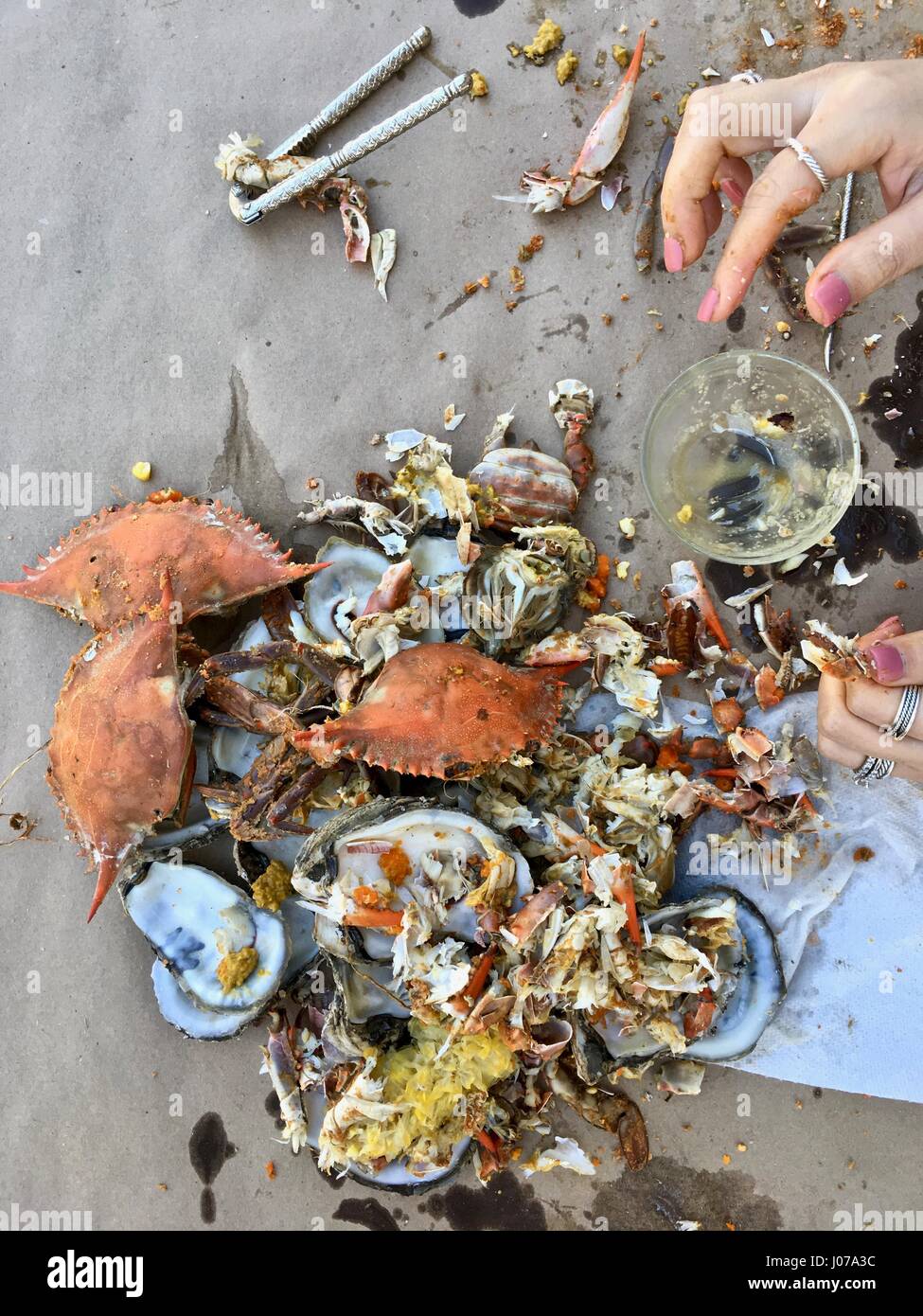 Leftover seafood shells after a feast of blue crab and oysters Stock ...