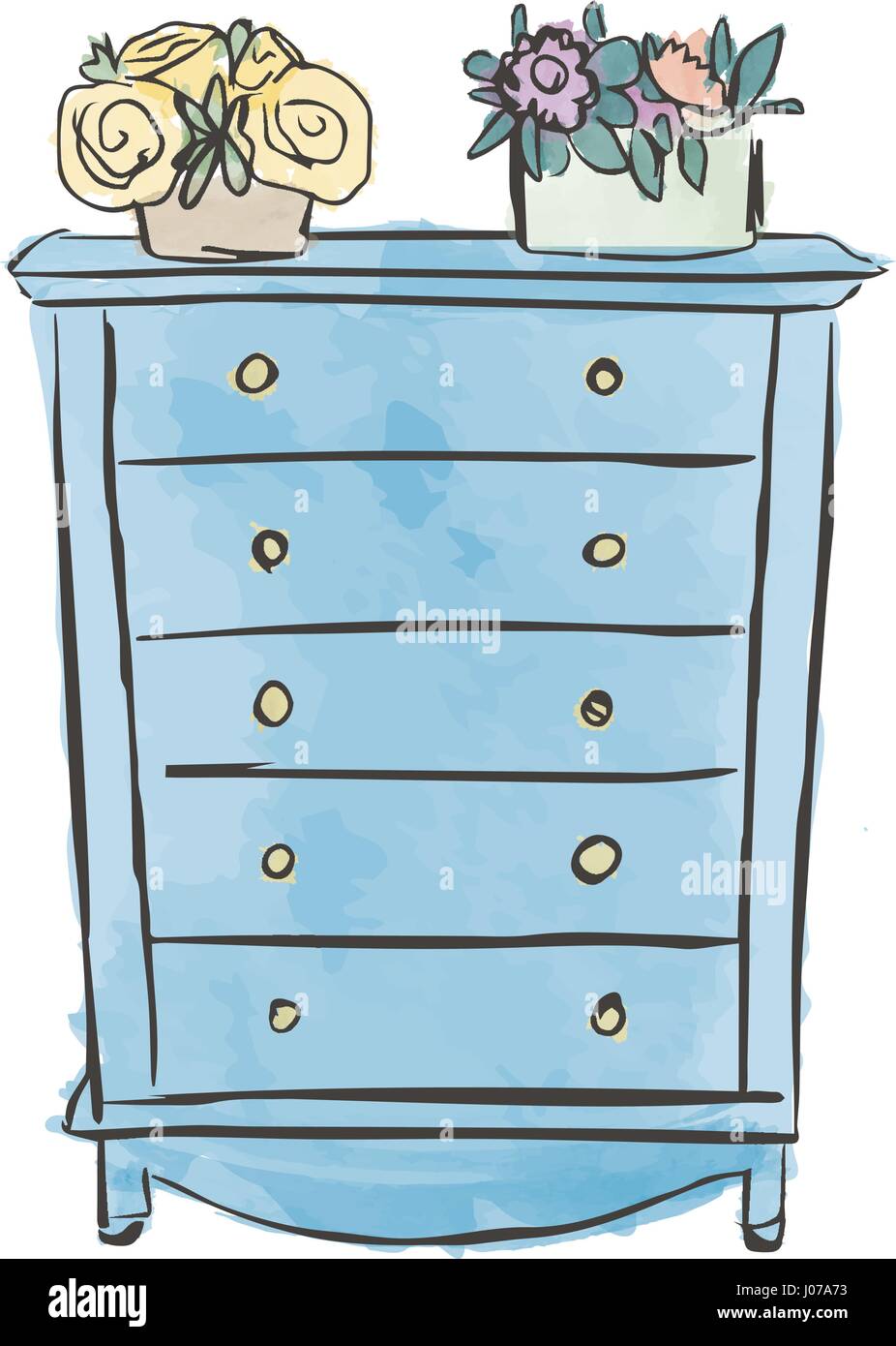 Watercolor Chest of Drawers w/ Beautiful Flower Pots Stock Vector Image ...