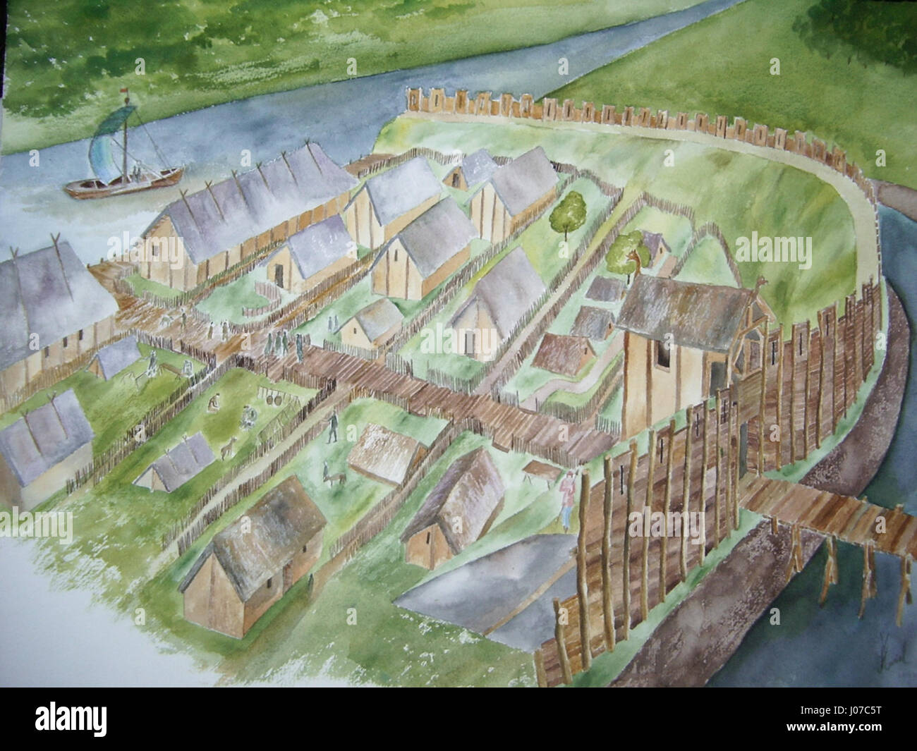 The watercolour 'Interprétation du Portus de Douai au Moyen Âge ...