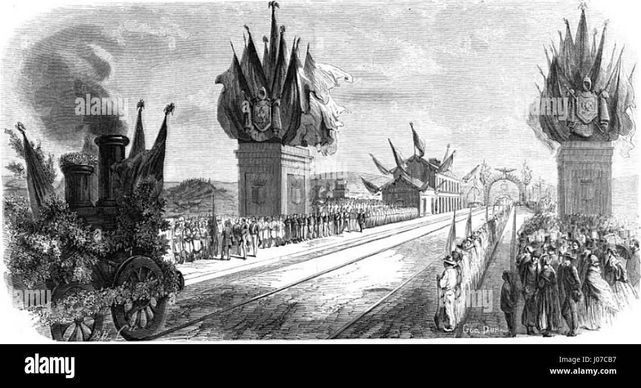 A drawing from 1857 depicting Gare d'Épinal, a train station in ...
