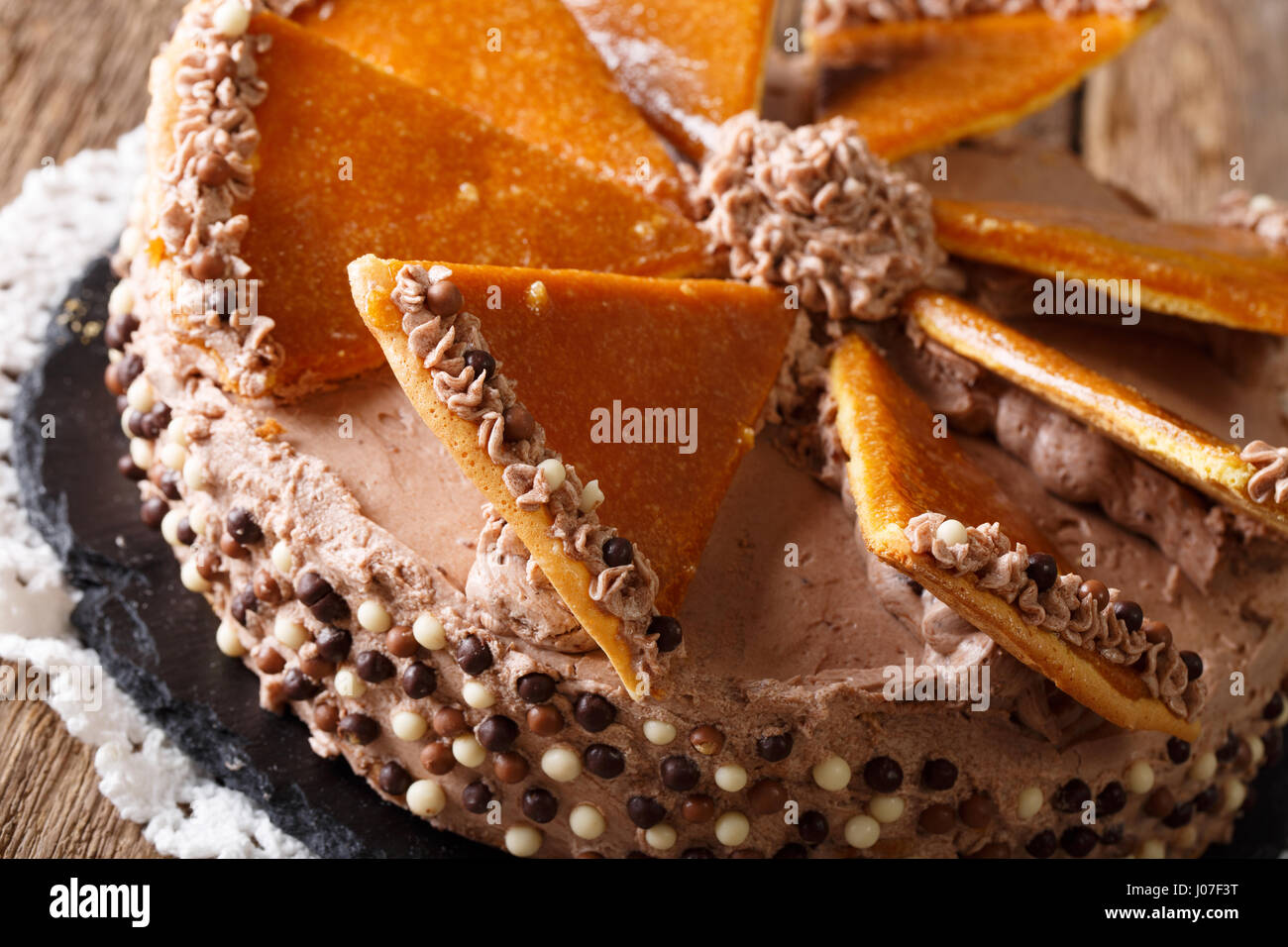 Traditional Hungarian Dobosh cake with caramel decoration macro on a ...