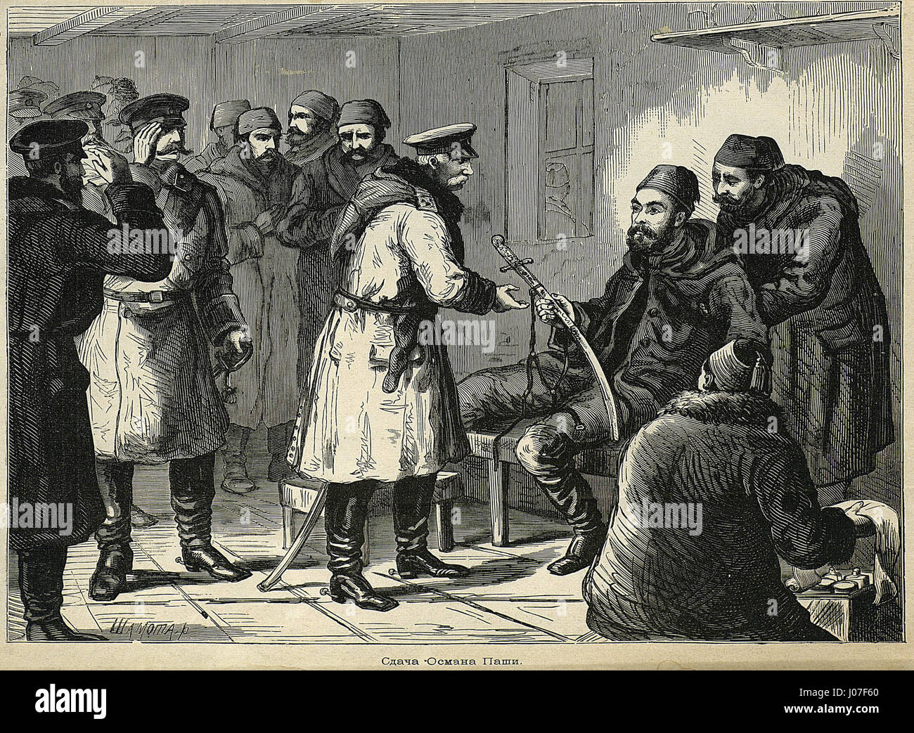 A depiction of the surrender of Osman Pasha, an Ottoman general who ...