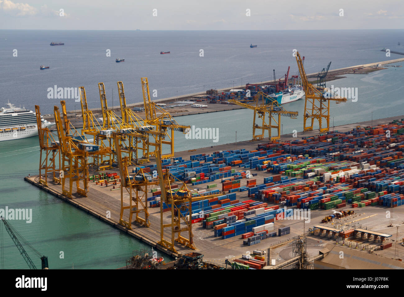 Aerial view of the port of Barcelona, with commercial importance as one ...