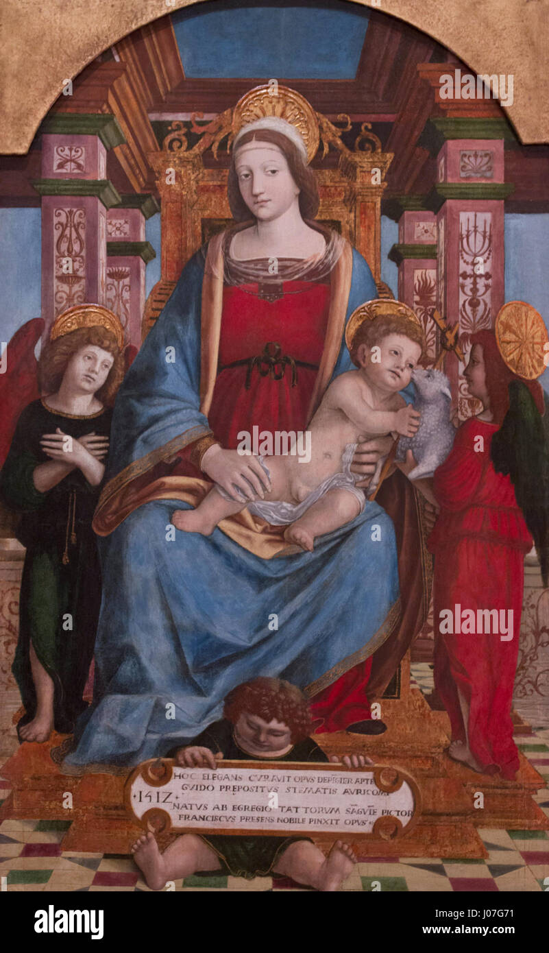 This artwork depicts the Virgin Mary with the Child Jesus, accompanied ...